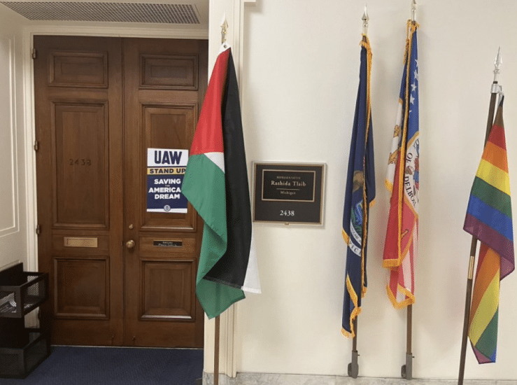 'WHO WANTS TO TELL HER?' Tlaib Flying Both Palestinian and Pride Flags ...